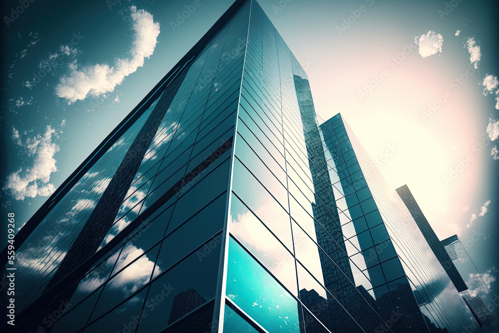 a panoramic and wide angle picture of a glass high rise structure in a ...