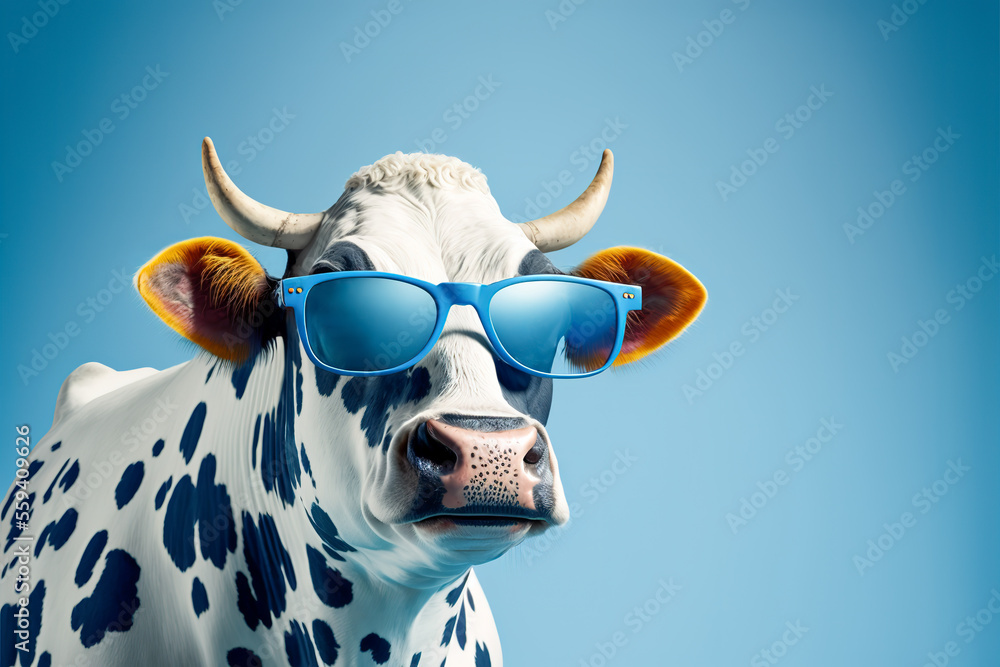 Poster Funny cow with sunglasses in front of blue studio background ...