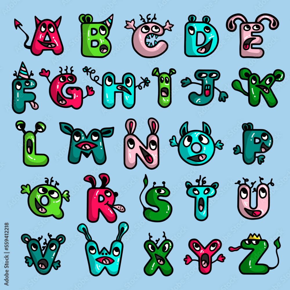 festive font, letters monsters with faces and emotions Stock Vector ...