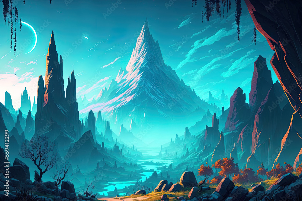 fantasy game breathtaking mountains loop in the mountains with nature ...
