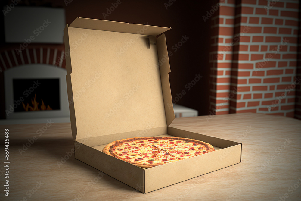blank cardboard pizza box in front of pizza oven background, front view ...