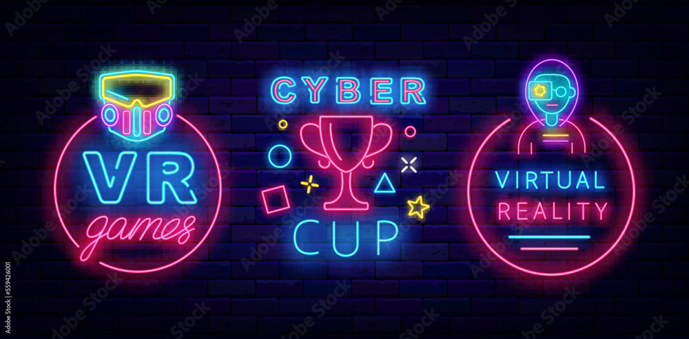 Game design neon labels collection. VR games in circle frame. Cyber cup ...