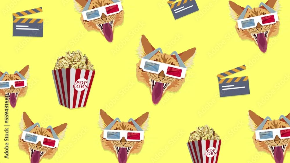 Blinking cat faces in 3D glasses on a bright background. Looped ...