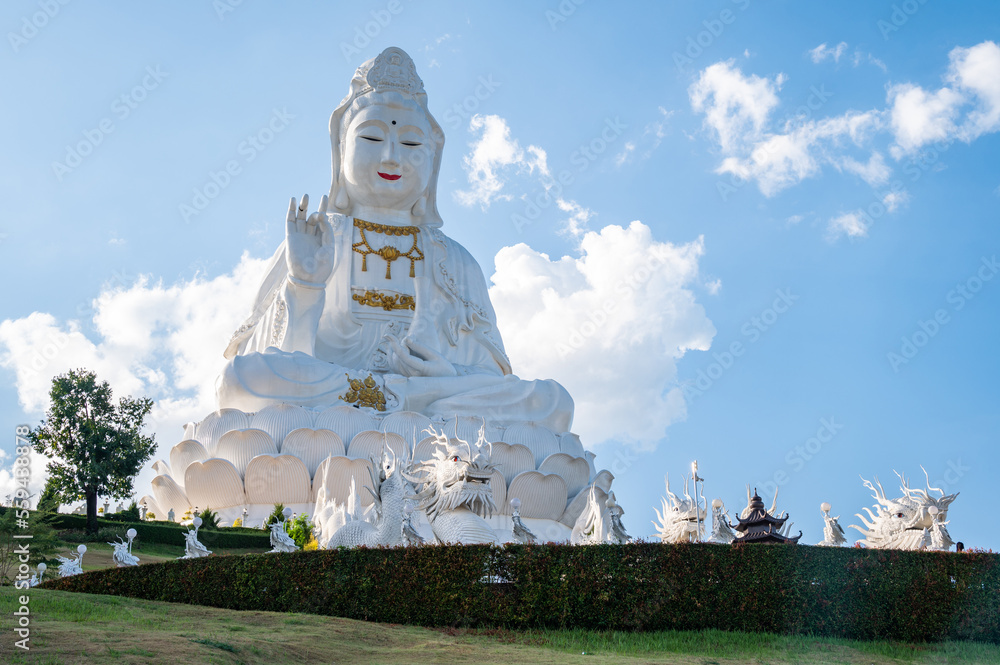 An iconic statue of Guanyin located in Wat Huay Pla Kang of Chiang Rai ...