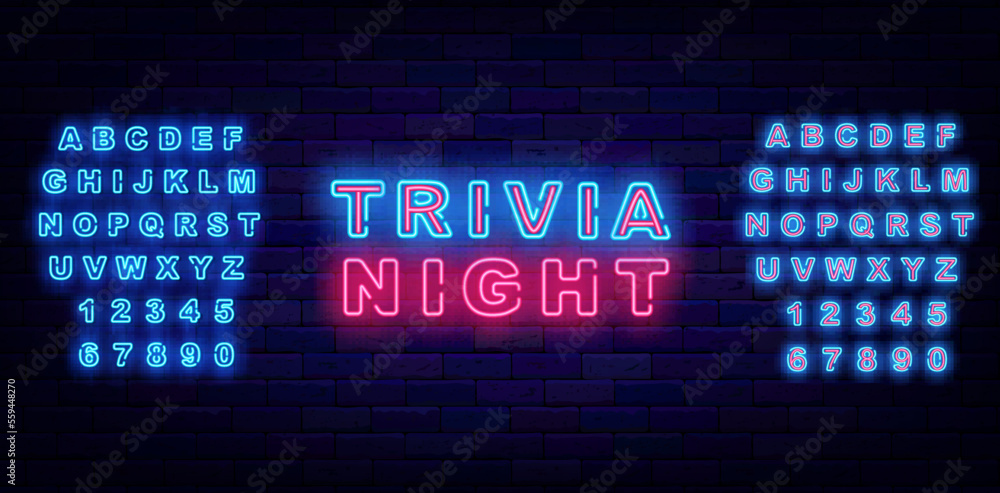 Trivia night neon signboard. Quiz show. Game competition. Glowing blue ...