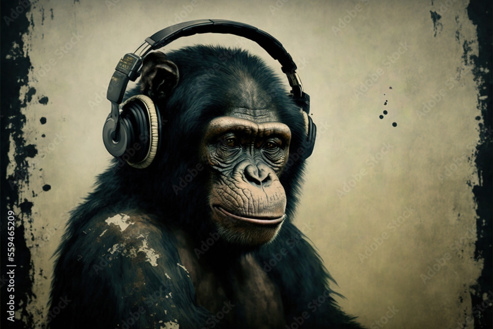 a monkey with headphones on its ears and a microphone in its mouth is ...