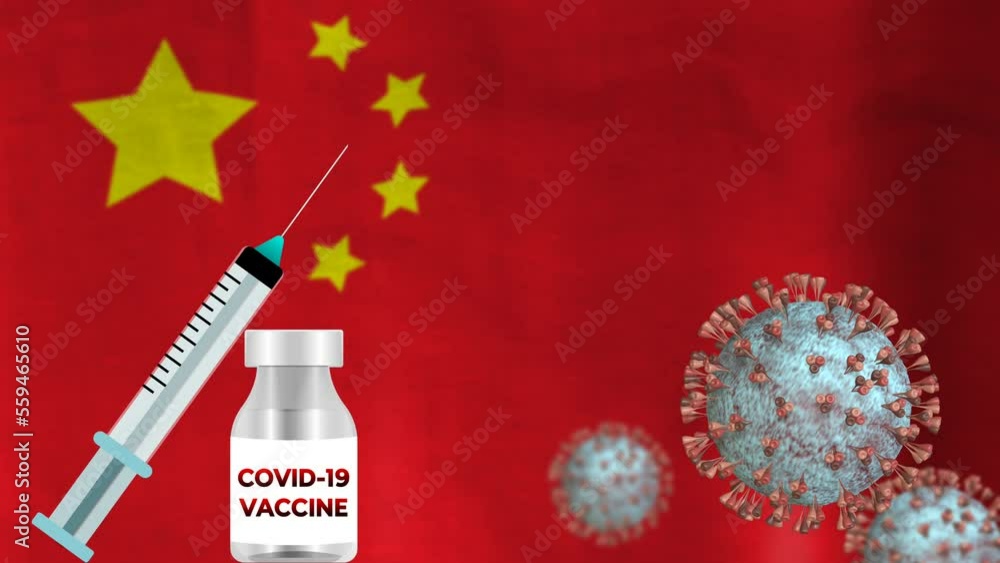 covid 19 vaccine on waving blur chine flag animation. concept for ...