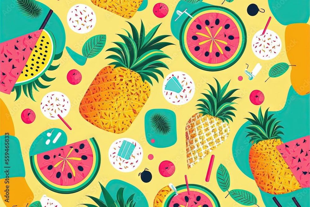 a pattern of pineapples, watermelon, and pineapple slices on a yellow ...