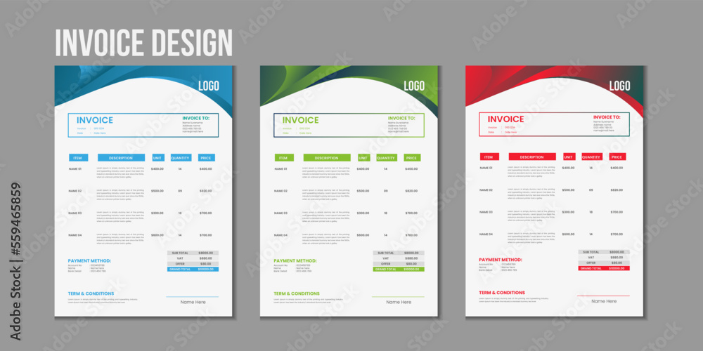 Minimal corporate Business multiple color variation a4 size invoice ...