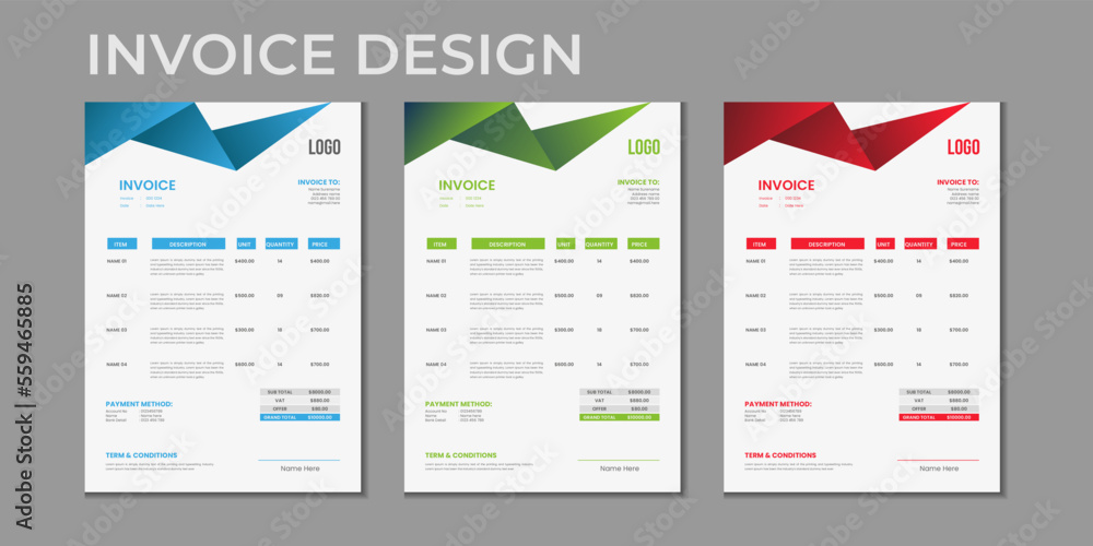 Minimal corporate Business multiple color variation a4 size invoice ...