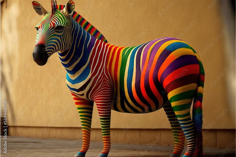 a colorful zebra statue is standing in front of a building with a tan ...