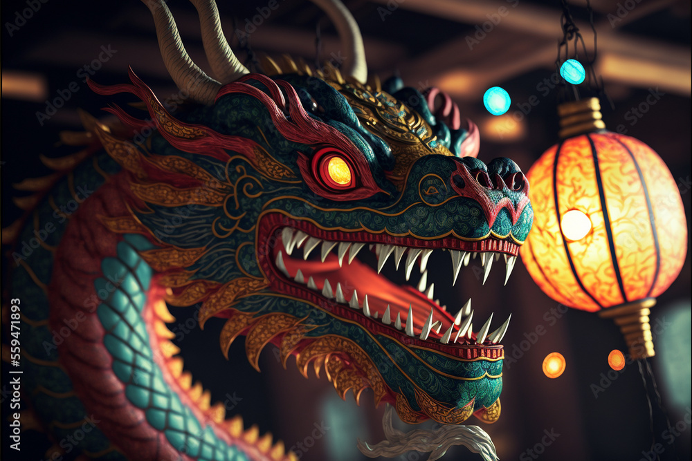 traditional Chinese dragon head and flashlight , Chinese new year art ...