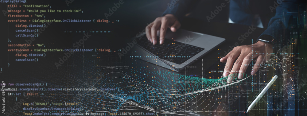 Digital technology, software development concept. Coding programmer, software engineer working ...