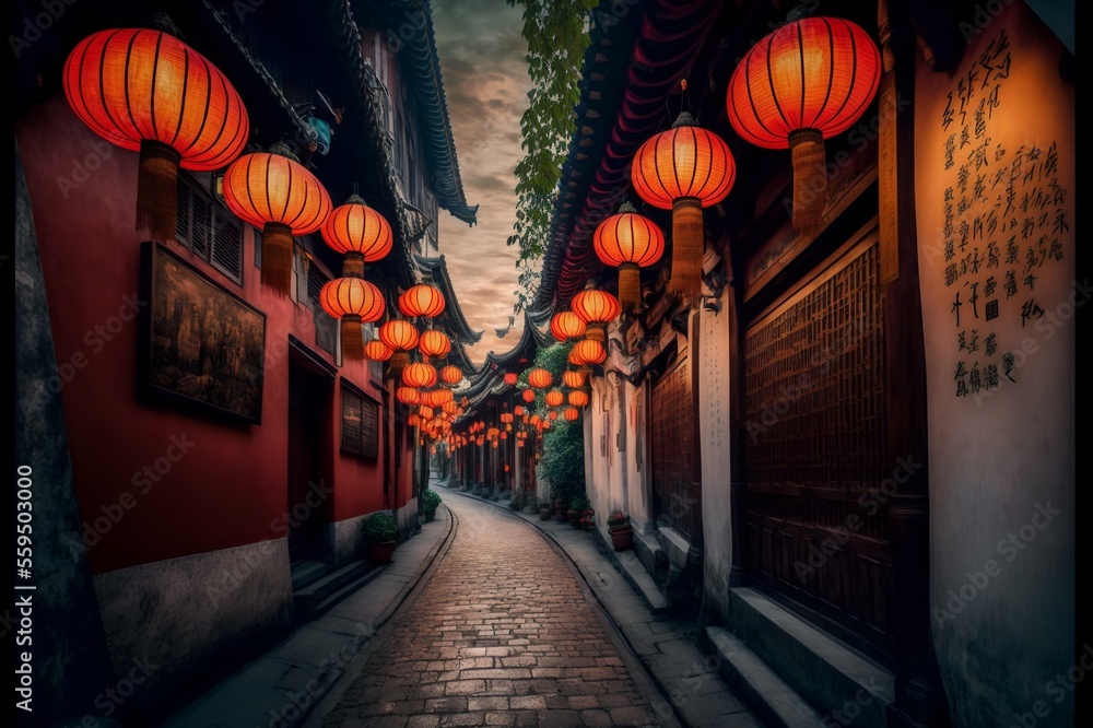 panoramic shot of a street lined with Chinese lanterns, showing the ...