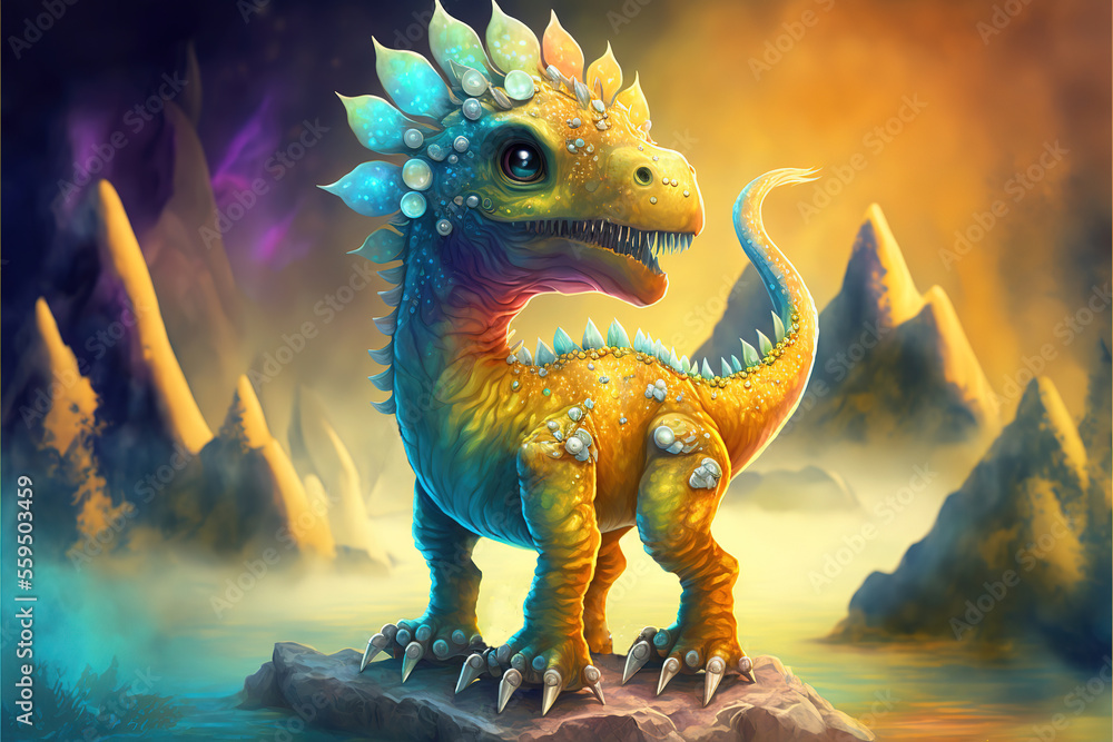 Adorable yellow baby dinosaur in a fantasy landscape, Generative AI ...