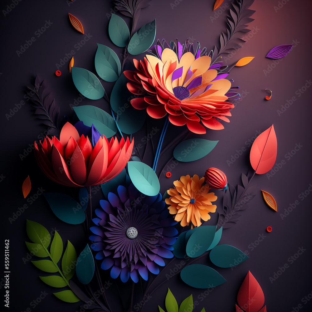 Colorful Papercraft Flower art Dark Background, Beautiful Flower Design ...