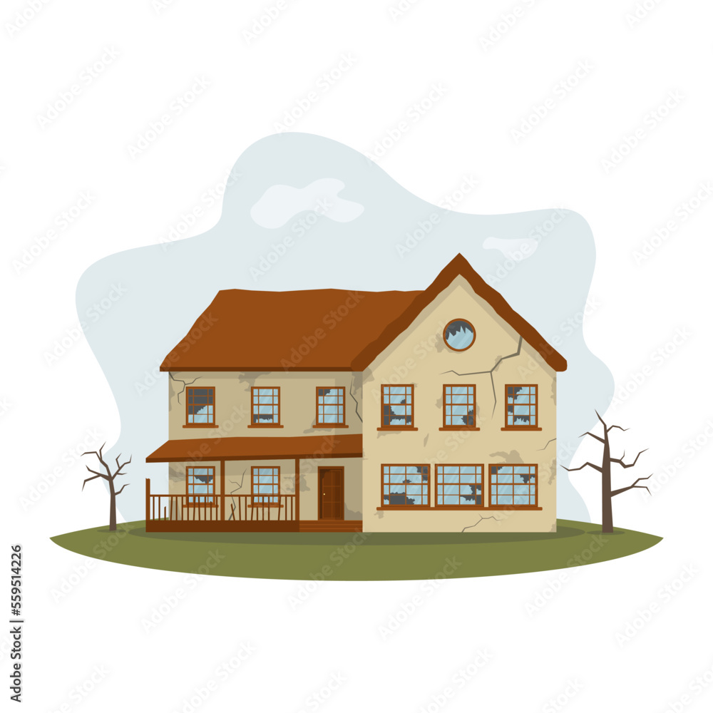 Old abandoned dilapidated broken house. Decaying cottage with broken ...