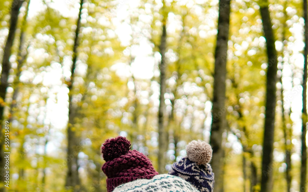 two heads of women with hats in the middle of the trees Stock Photo ...