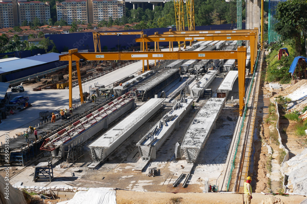 MELAKA, MALAYSIA -JULY 1, 2022: Fabrication yard for prestress concrete ...