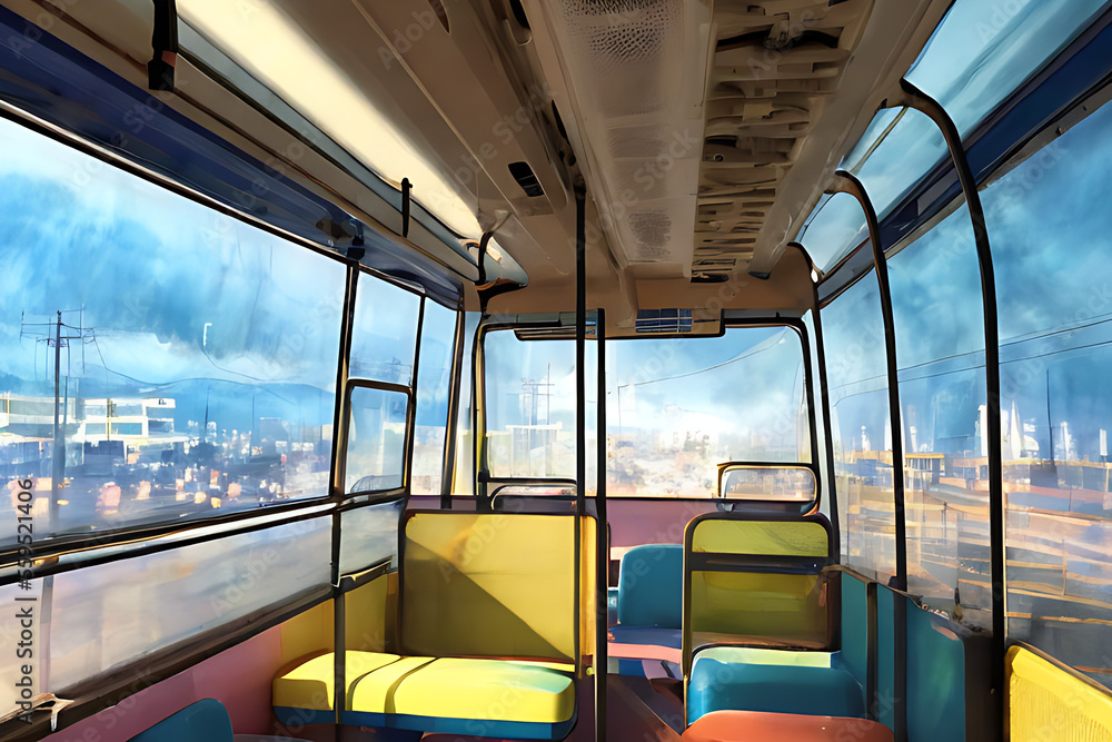 Interior de bus con ventanas muy grandes, ciudad desde asientos ...