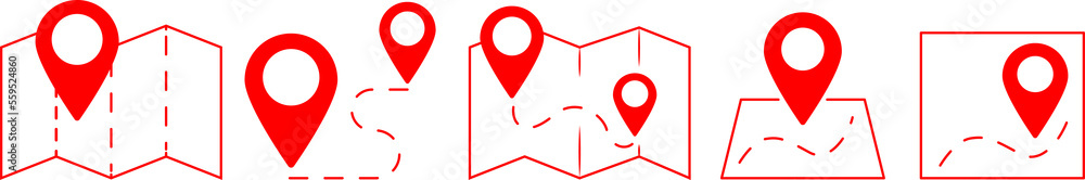 Set of map and location symbols in red. Map icon. GPS mapping position ...