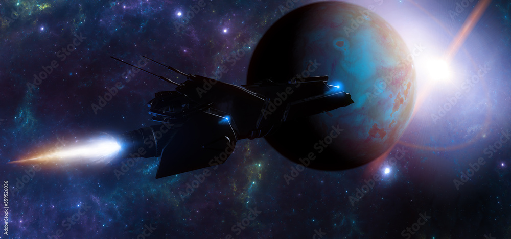 Spaceship traveling between planets of distant galaxies. Exploration of ...
