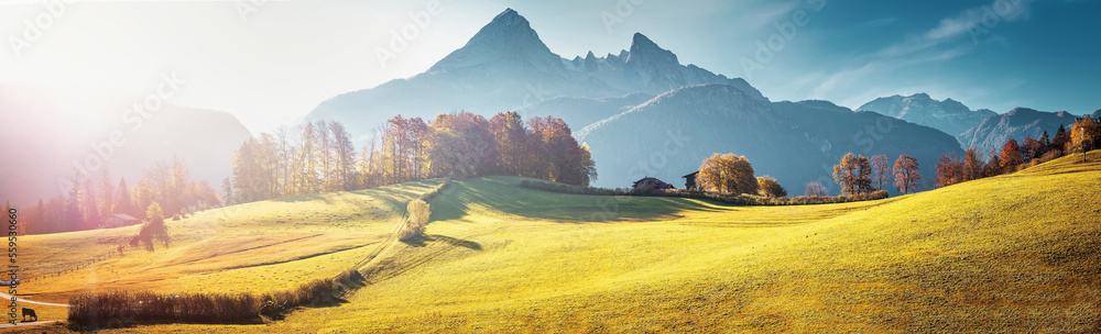 Scenic image of Swiss Alps. Panoramic view of idyllic mountain scenery in the Alps with fresh ...