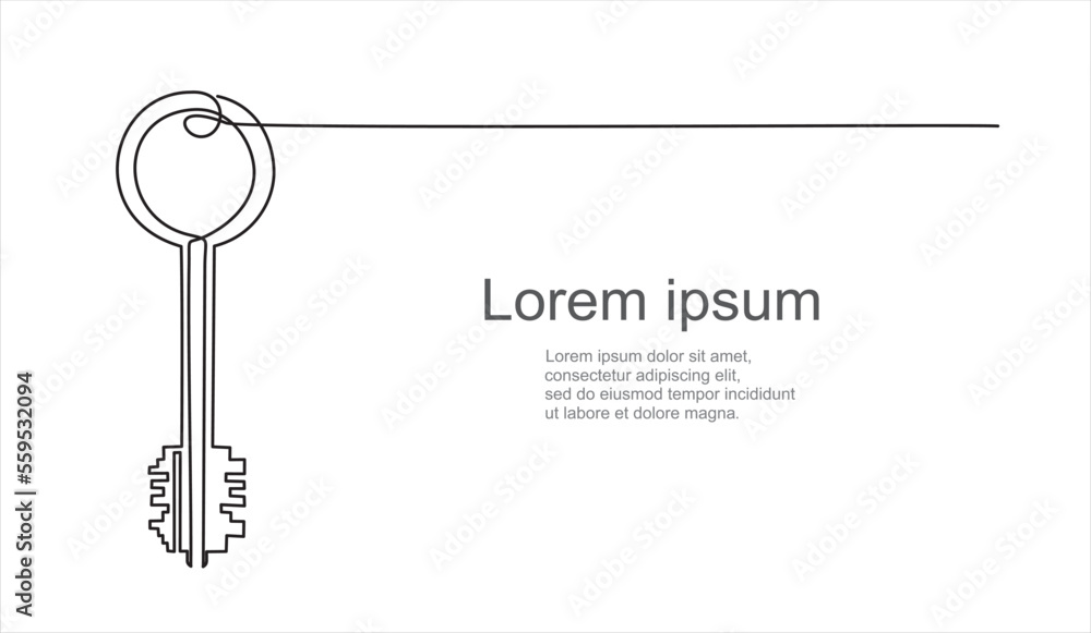continuous line drawing of key. Can used for logo, emblem, slide show ...
