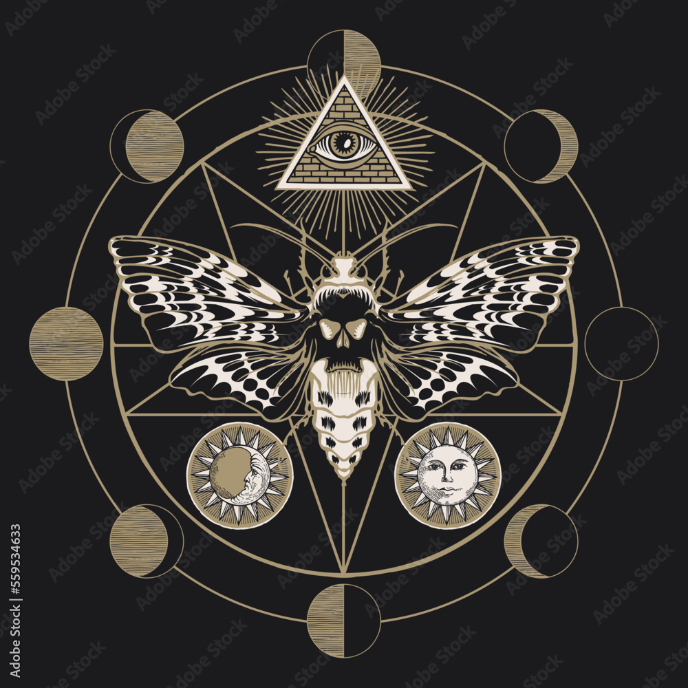 Hand-drawn scary butterfly moth dead head on the background of magical ...