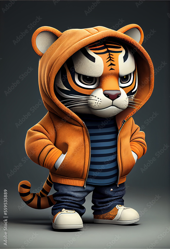 Cartoon tiger character in street clothes ai art Stock Illustration ...