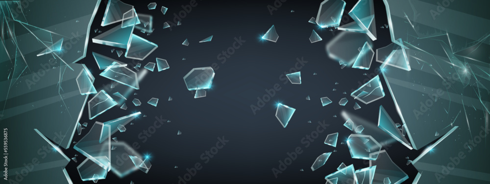 Broken glass 3D vector shatter explosion fragments, sharp ice splinters ...