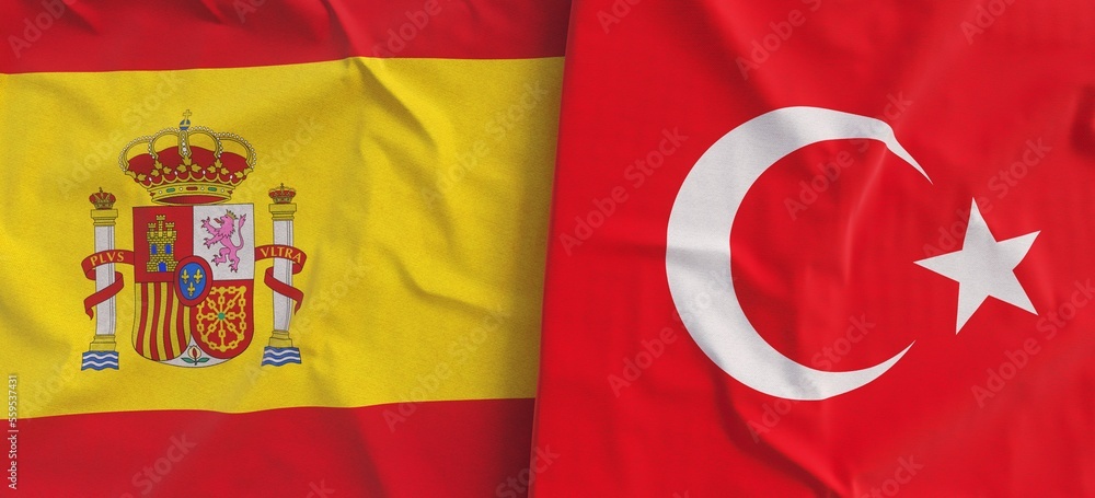 Flags of Spain and Turkey. Linen flag close-up. Spanish, Madrid ...