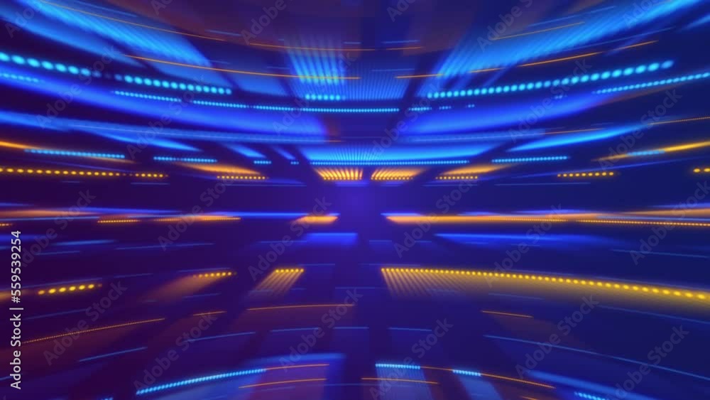 Neon data lights technology background with glowing gold and blue lines ...