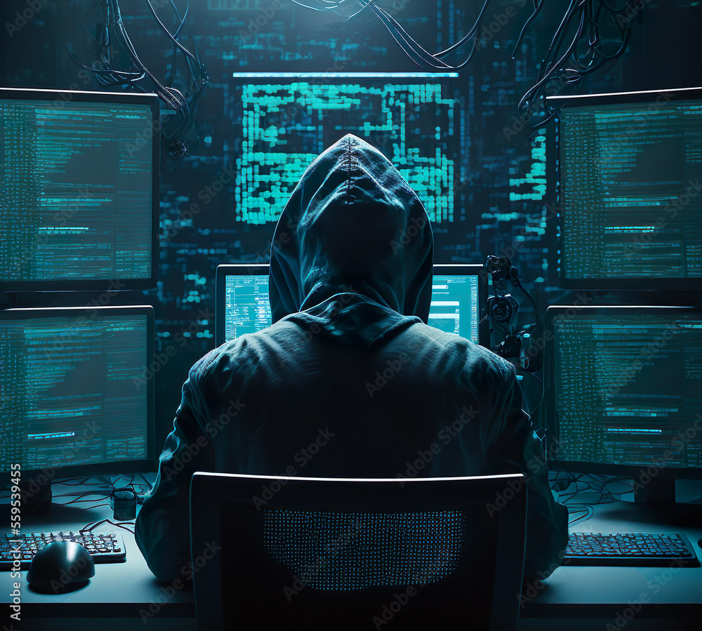 Rear view of hacker using computers for stealing data on desk, AI Generate Stock Illustration ...