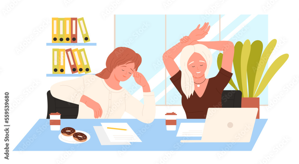 Coffee break of girls at work vector illustration. Cartoon happy female ...