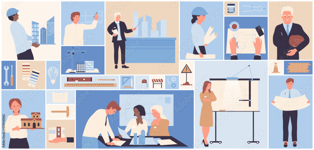 Cartoon team of people with blueprint model of houses and tools in ...