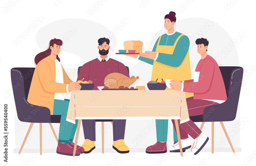 Family dinner at home vector illustration. Cartoon parents and children eating holiday meals ...