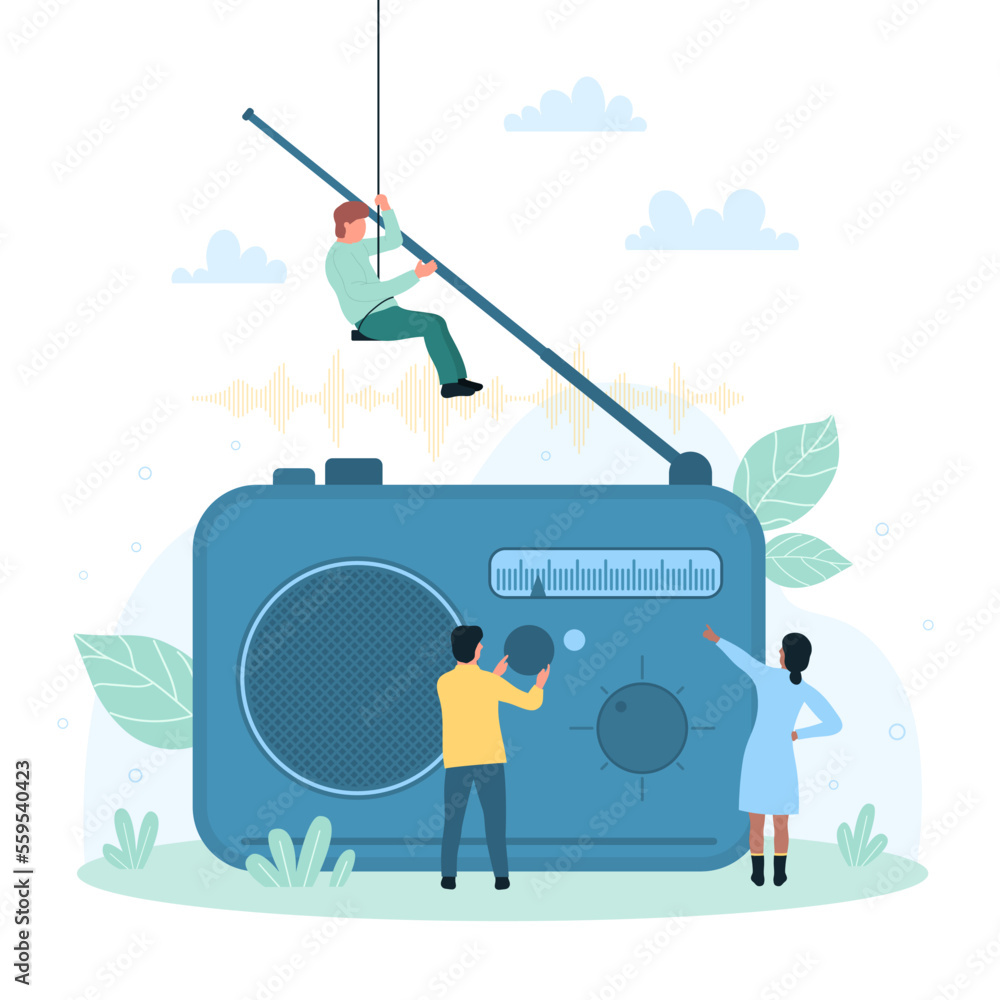 Radio podcast vector illustration. Cartoon tiny people listen broadcast ...