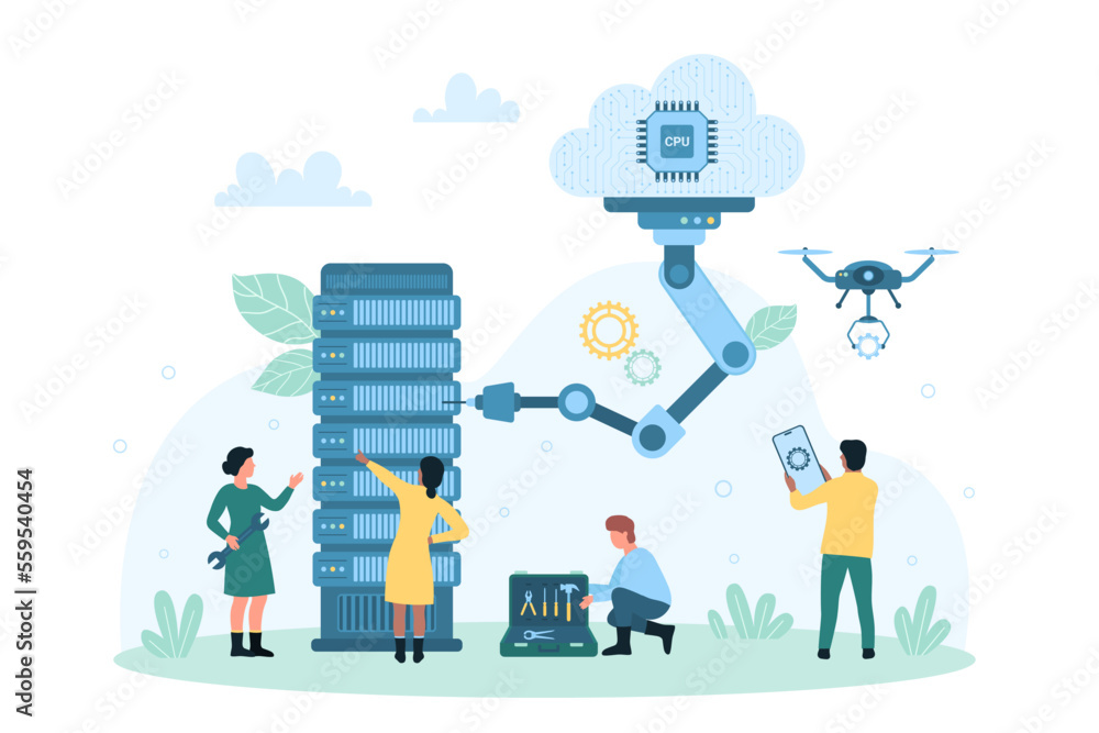 Cloud server automation process vector illustration. Cartoon tiny ...