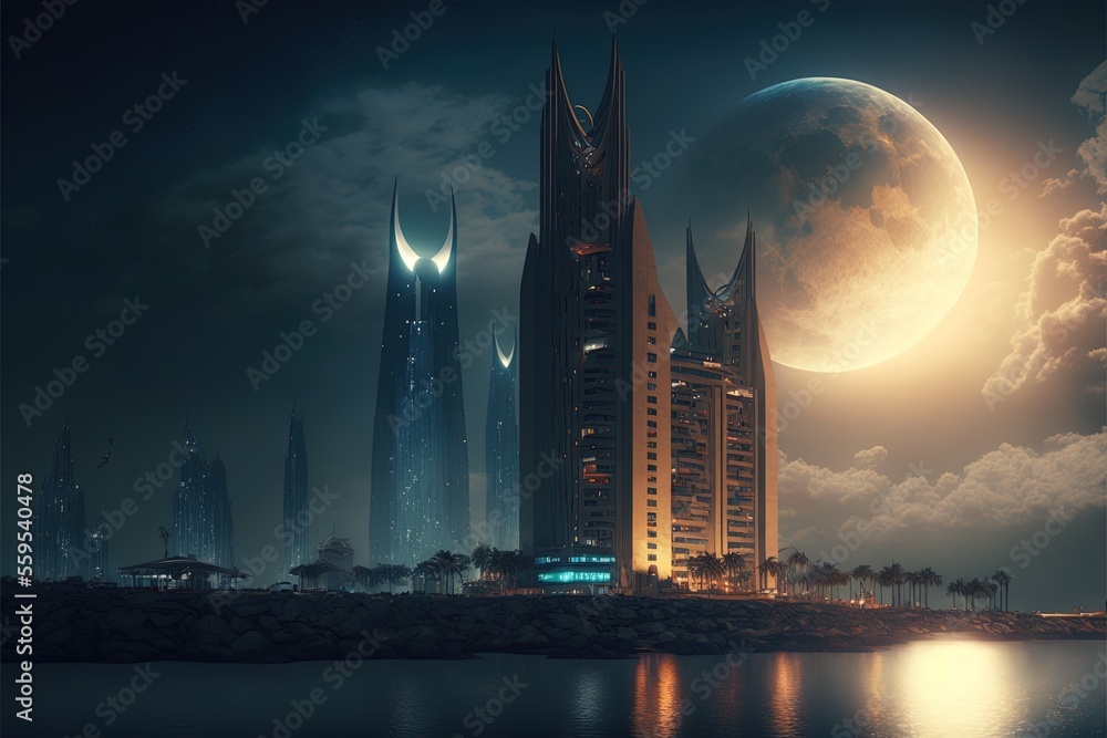 Oriental city on the seashore. Arabic architecture with skyscrapers on ...