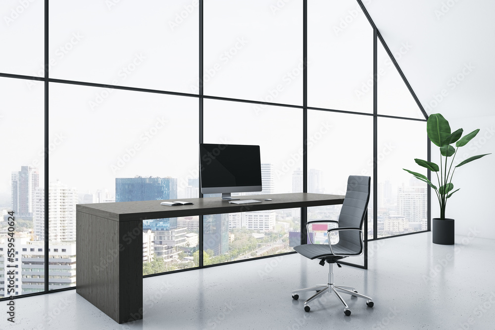 Perspective view on stylish workspace table with modern computer and ...