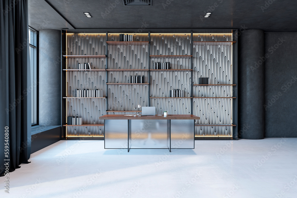 Front view on stylish work table with laptop on wooden surface and ...