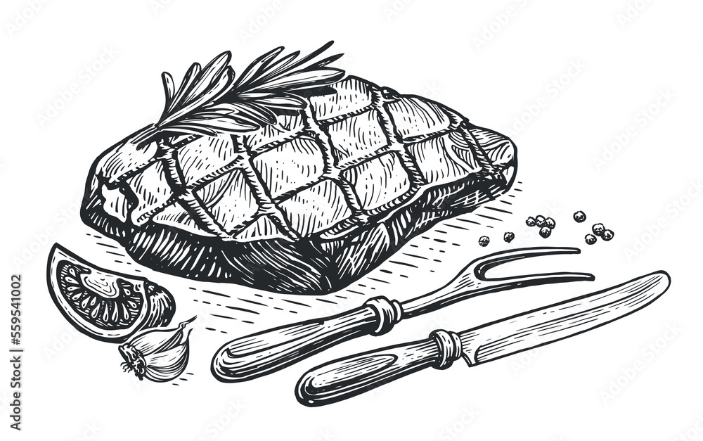 Hand drawn meat steak grilled in vintage engraving style. Roast beef ...