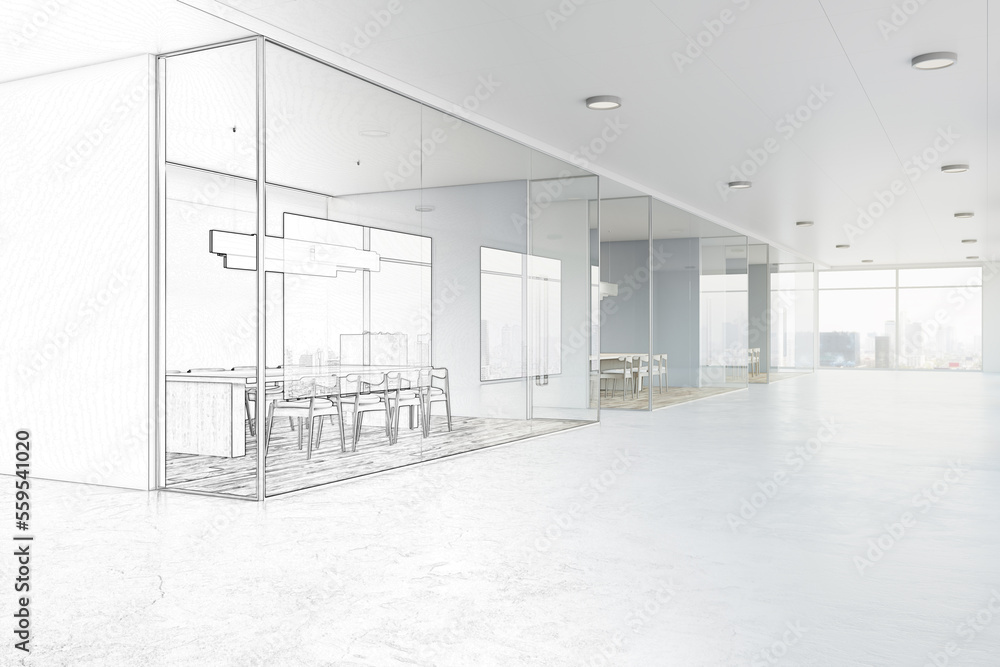 Side view on modern office interior design development with meeting ...