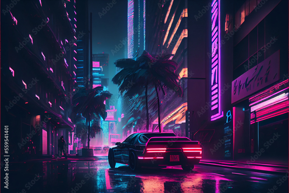 Synthwave streets of a cyberpunk city ai art Stock Illustration | Adobe ...