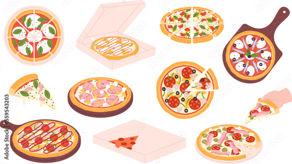 Isolated pizza set, margherita pizzas slice with cheese. Italiano ...