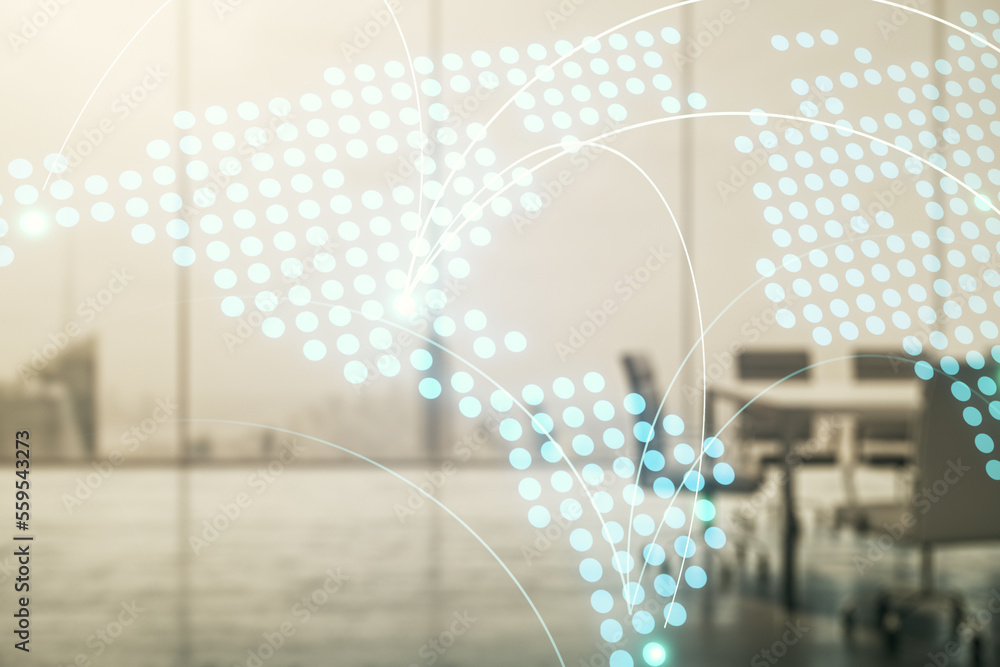 Abstract virtual world map with connections on a modern conference room ...