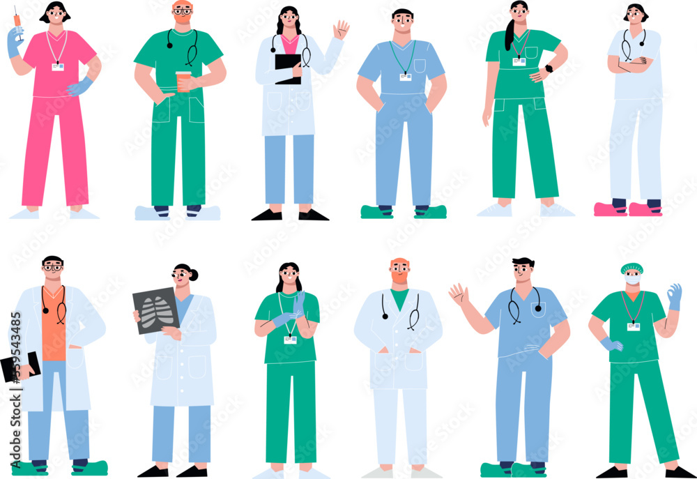 Flat cartoon different medical characters, therapist, surgeon and ...