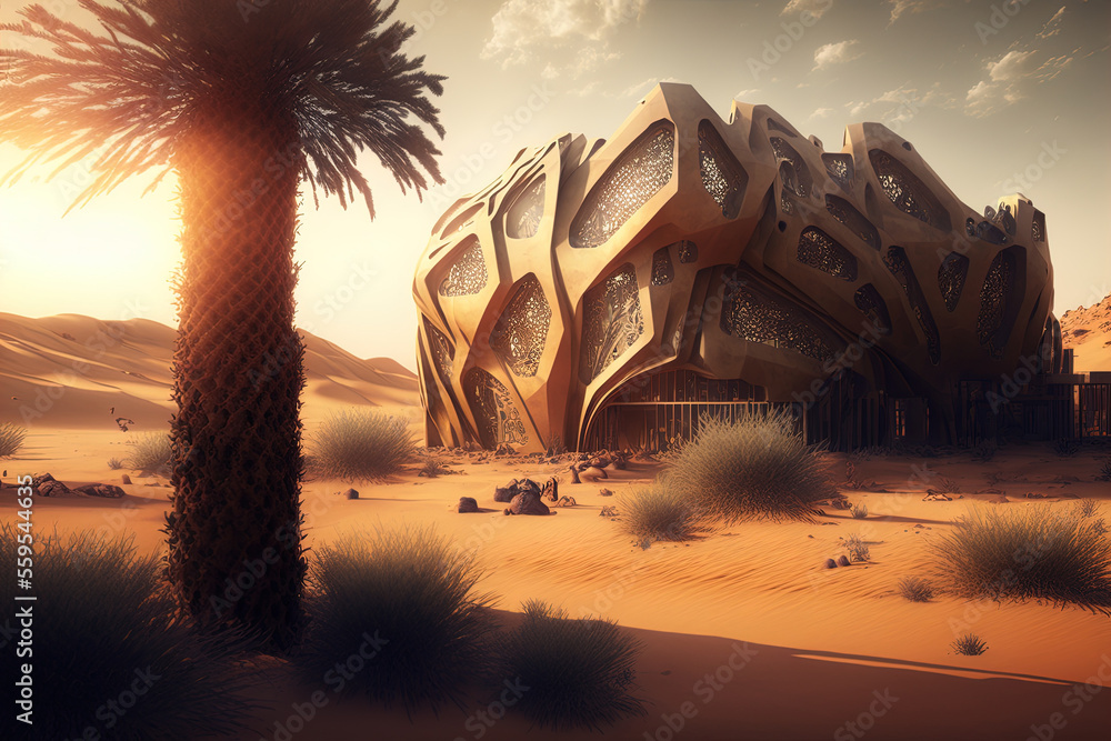 Desert architecture with traditional Arabic oriental motifs. Abstract ...