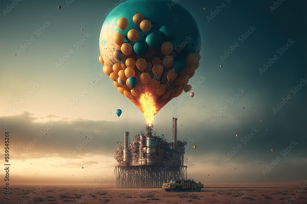 Burning birthday party balloon on top of a gas rig, created with ...